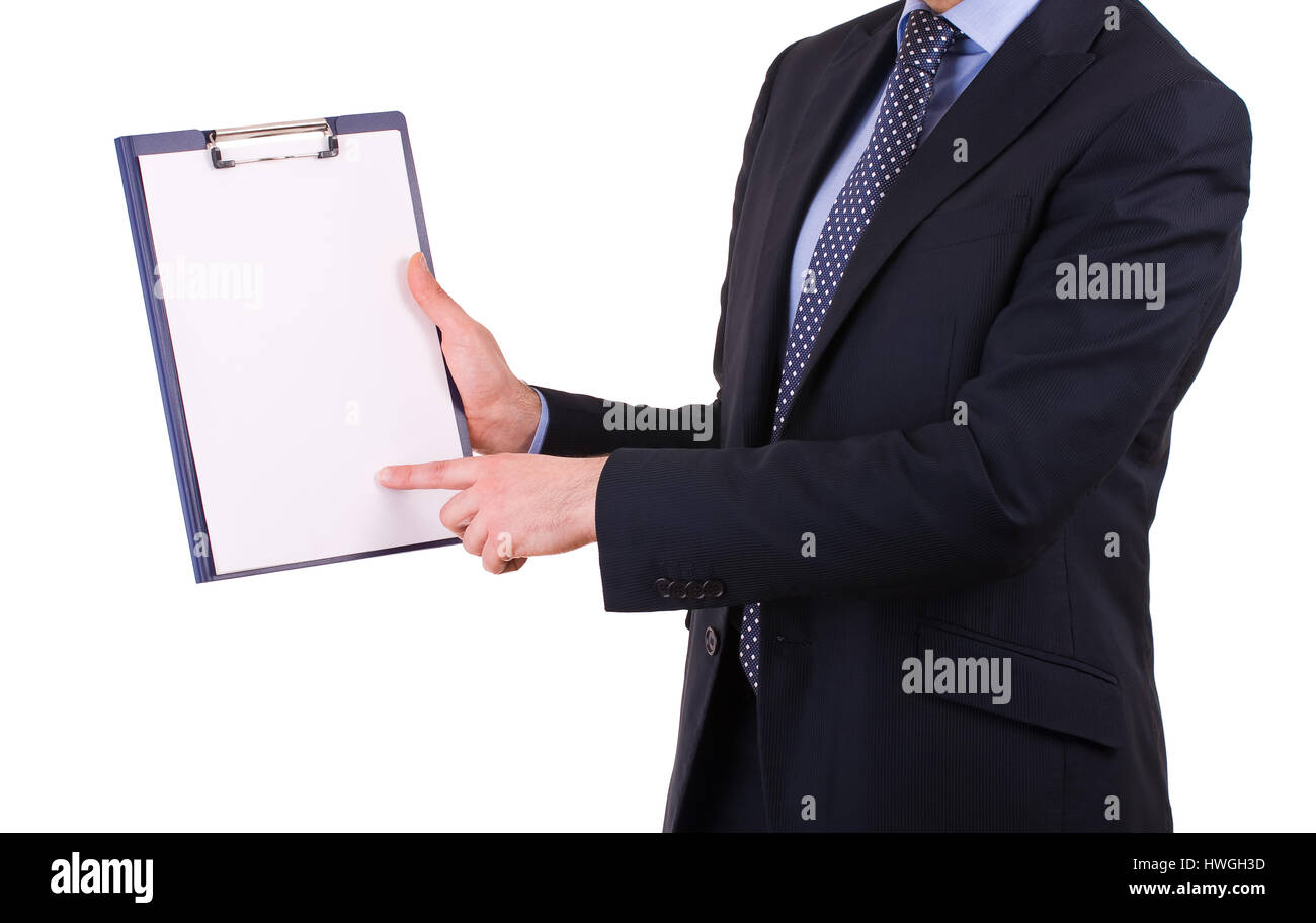 Businessman showing clipboard Stock Photo - Alamy