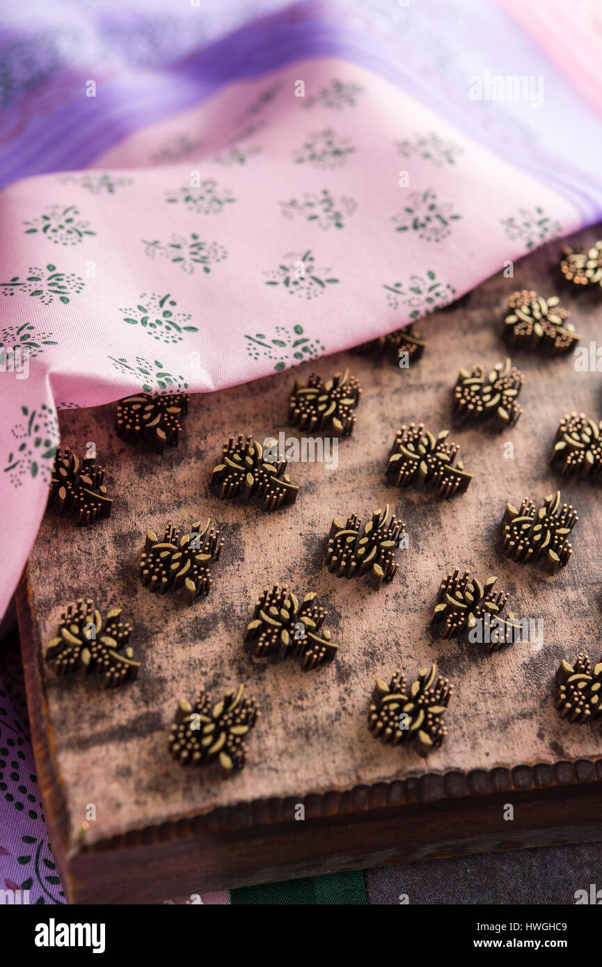 Block printing, woodblock with pattern and finished printed fabric, Bad ...