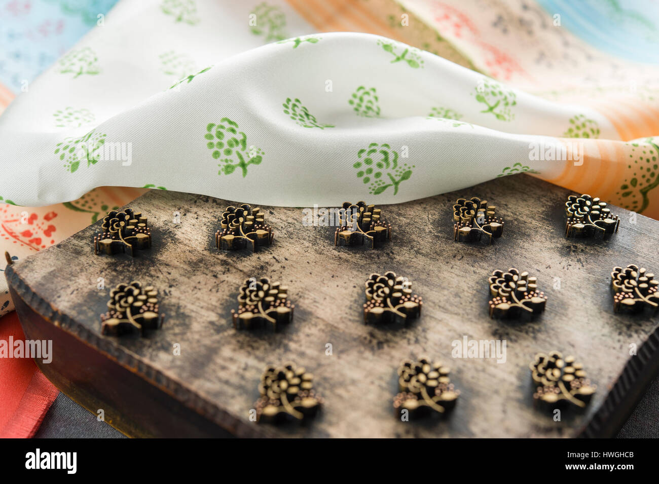 Block printing, woodblock with pattern and finished printed fabric, Bad ...