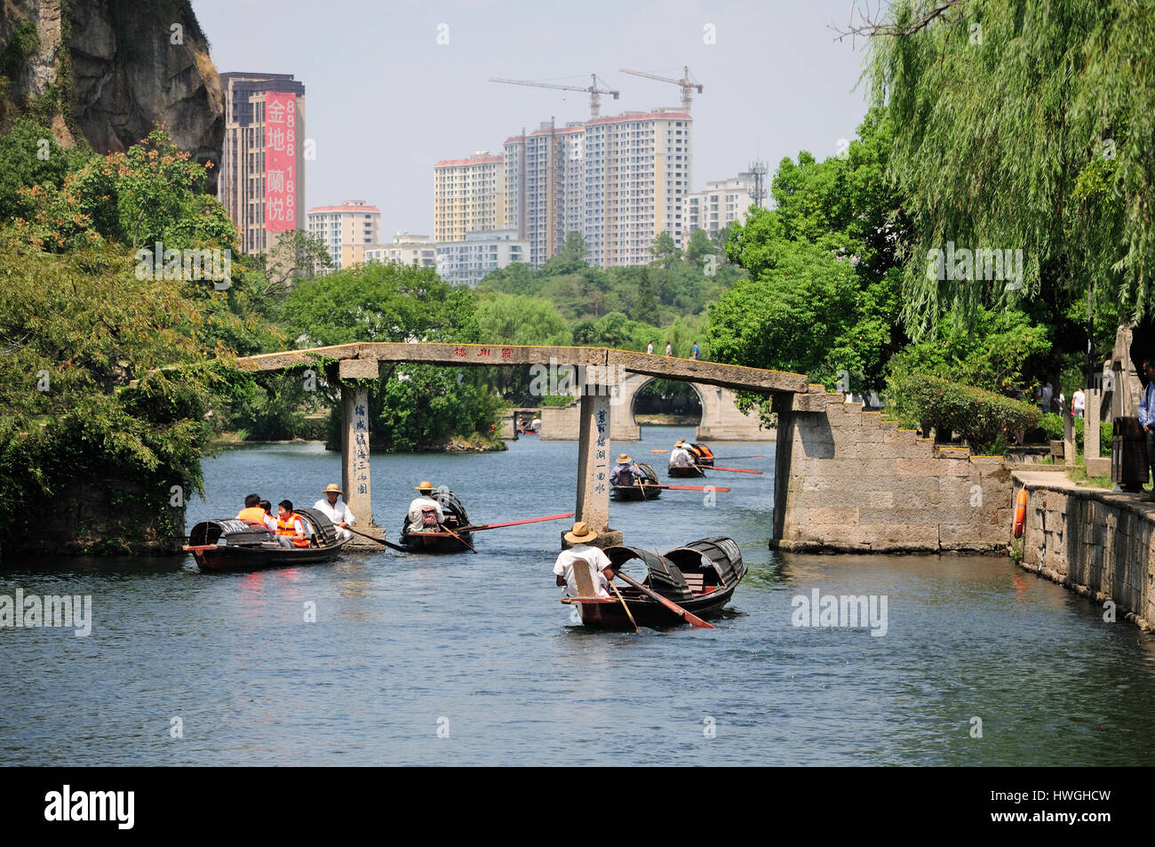 August 27, 2016. Shaoxing China. Chinese oarsmen sitting in the wu peng ...