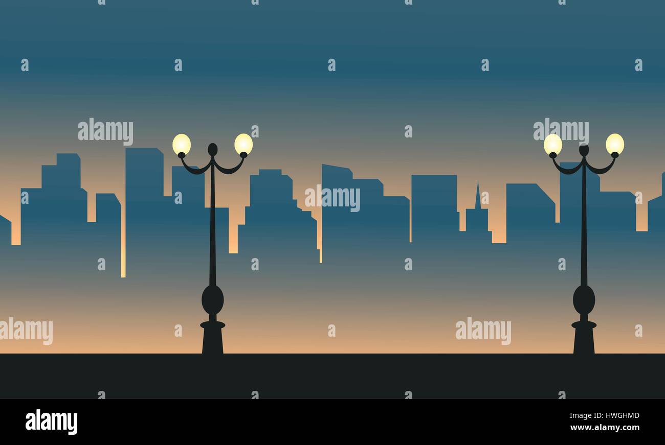 Street lamp with city scenery silhouettes Stock Vector Image & Art - Alamy