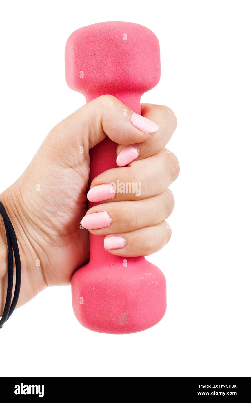 Pink barbell in hand Stock Photo - Alamy