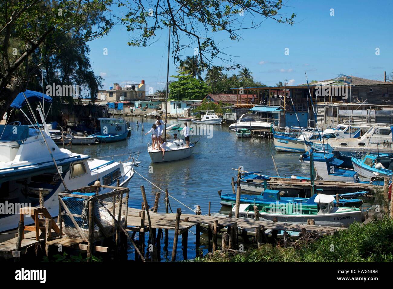 Cuba, La Havana, marina Hemingway, sailing ship entering a channel in ...