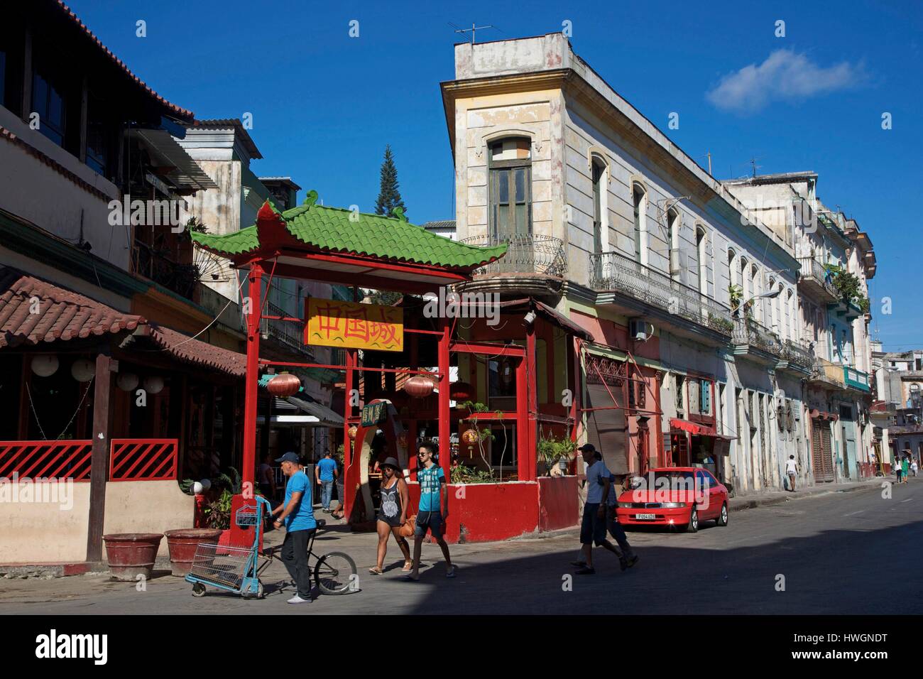 Cuba, La Havana, Barrio chino, alley of the chinese district with an ...