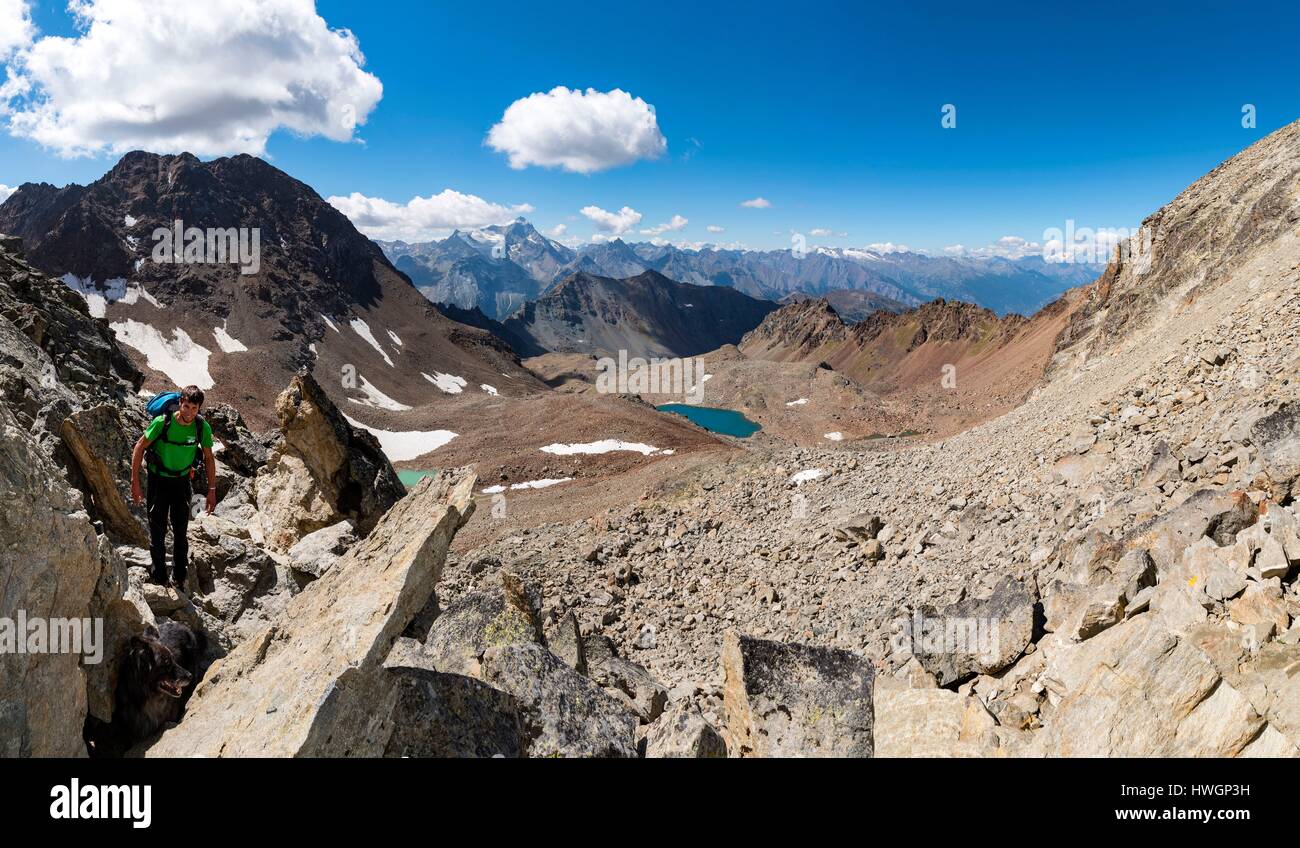 Italy, Valle d'Aosta, Aosta, Pila, Hiker ascending towards Mount ...