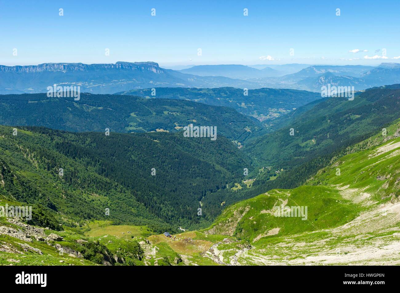 France, Isere, Allevard, The Refuge of the Oule (1836m) and the valley ...