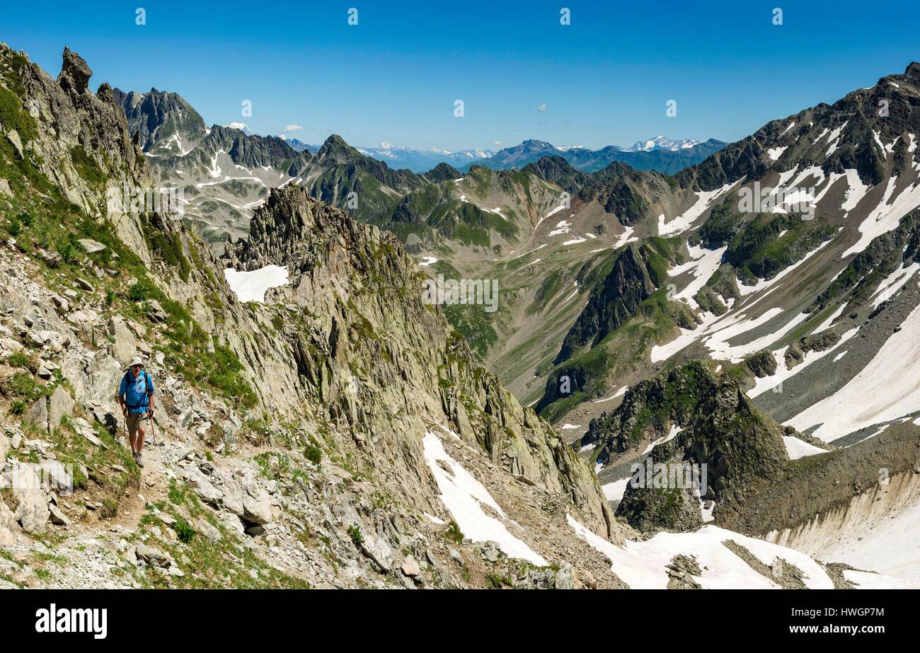 France, Isere, Allevard, Hiker walking off trail in the direction of ...