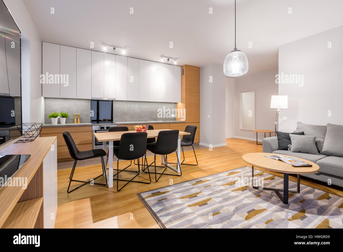 Interior of stylish modern studio apartment with kitchenette Stock ...