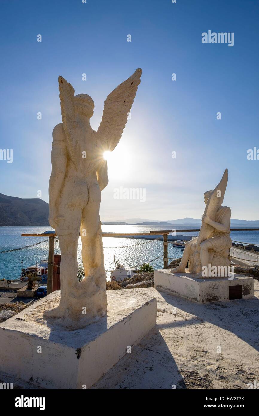 Greece, Crete, Messara bay, Agia Galini, statues of Icarus and Daedalus ...