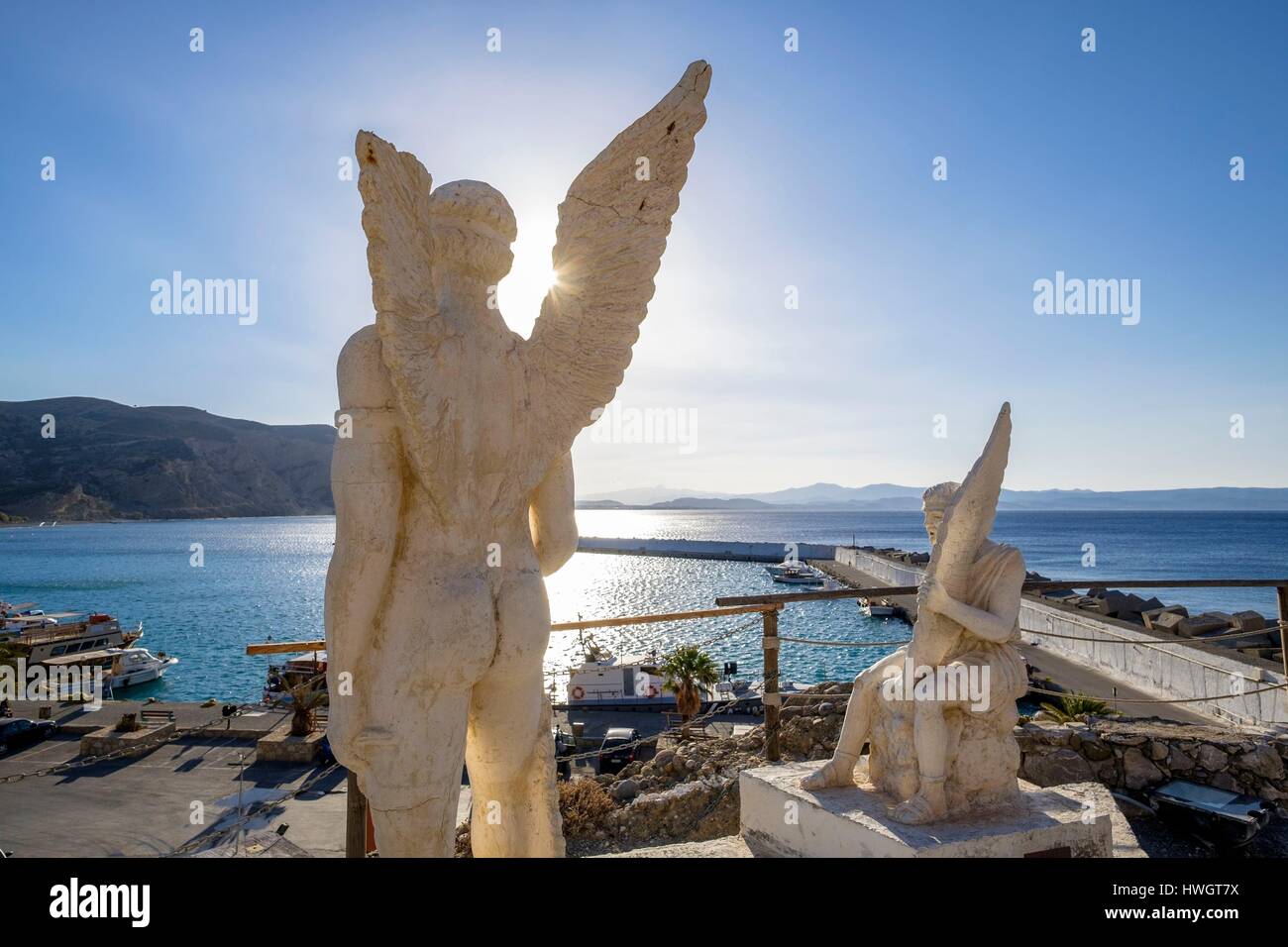 Greece, Crete, Messara bay, Agia Galini, statues of Icarus and Daedalus ...