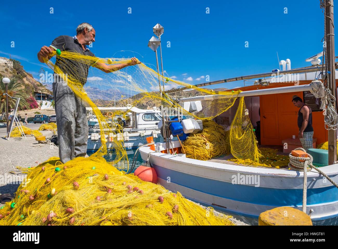 Greece, Crete, Messara bay, Agia Galini, traditional fishing village on ...