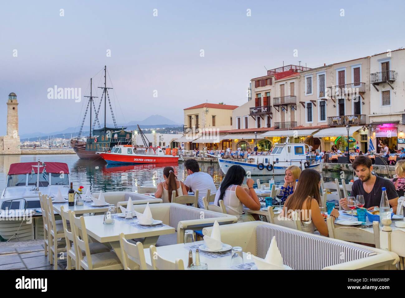 Greece, Crete, Rethymnon, old town, terrace of restaurants in the old ...