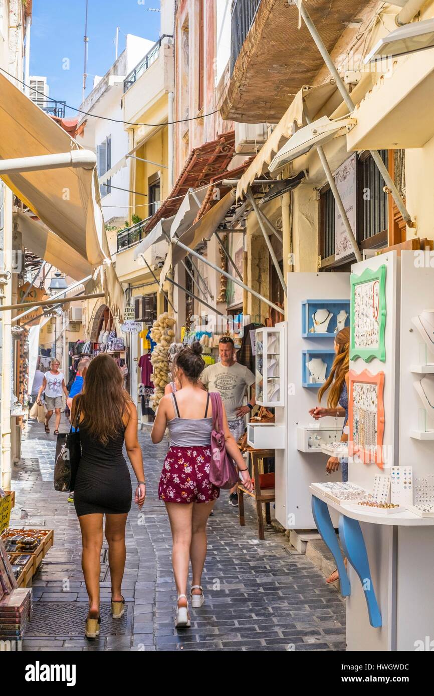 Greece, Crete, Rethymnon, shopping street in the old town Stock Photo ...
