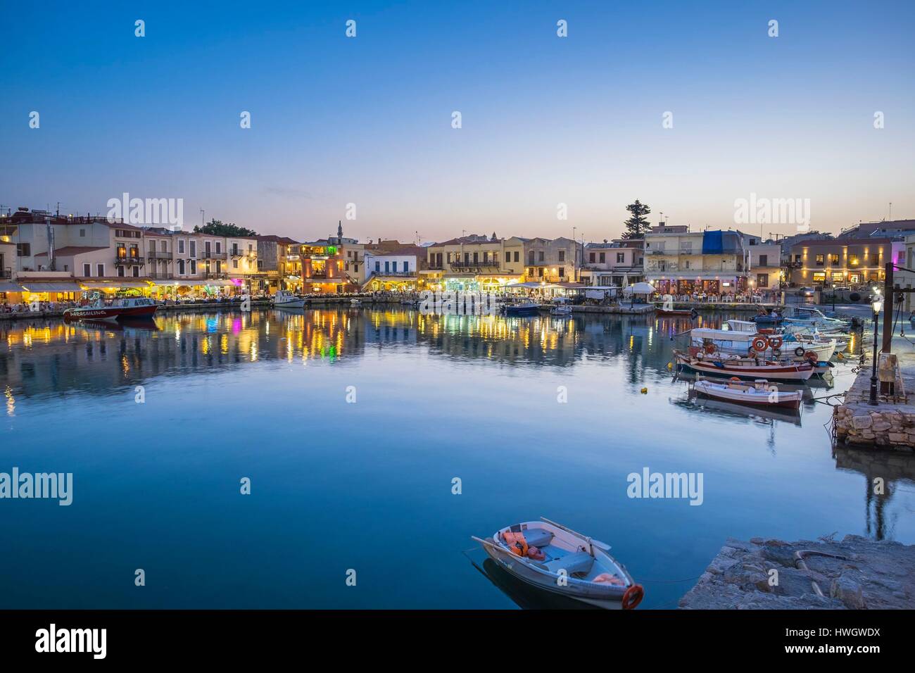 Greece, Crete, Rethymnon, old town, the old venitian harbour at dusk ...