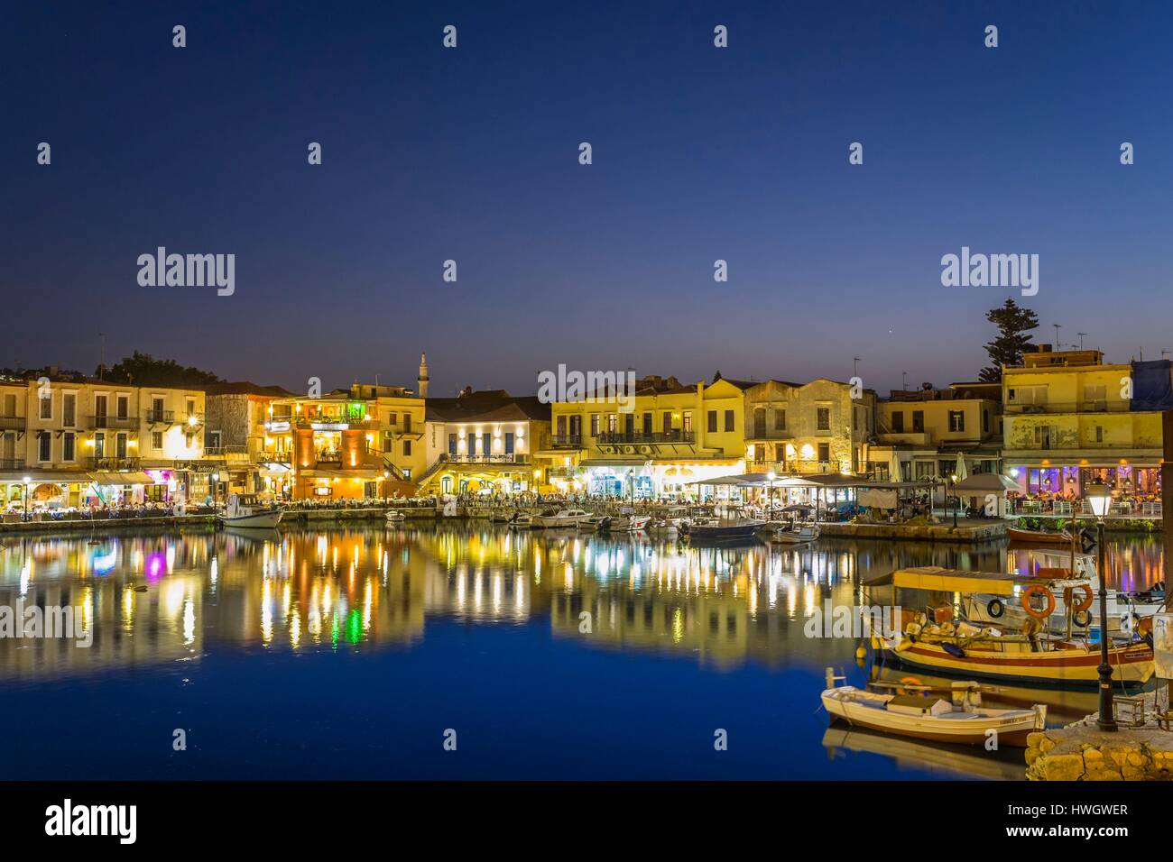 Greece, Crete, Rethymnon, old town, the old venitian harbour at dusk ...