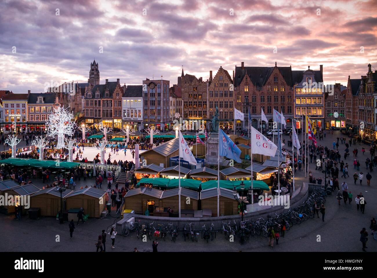 Belgium, Bruges, The Markt, elevated view of main square buildings and ...