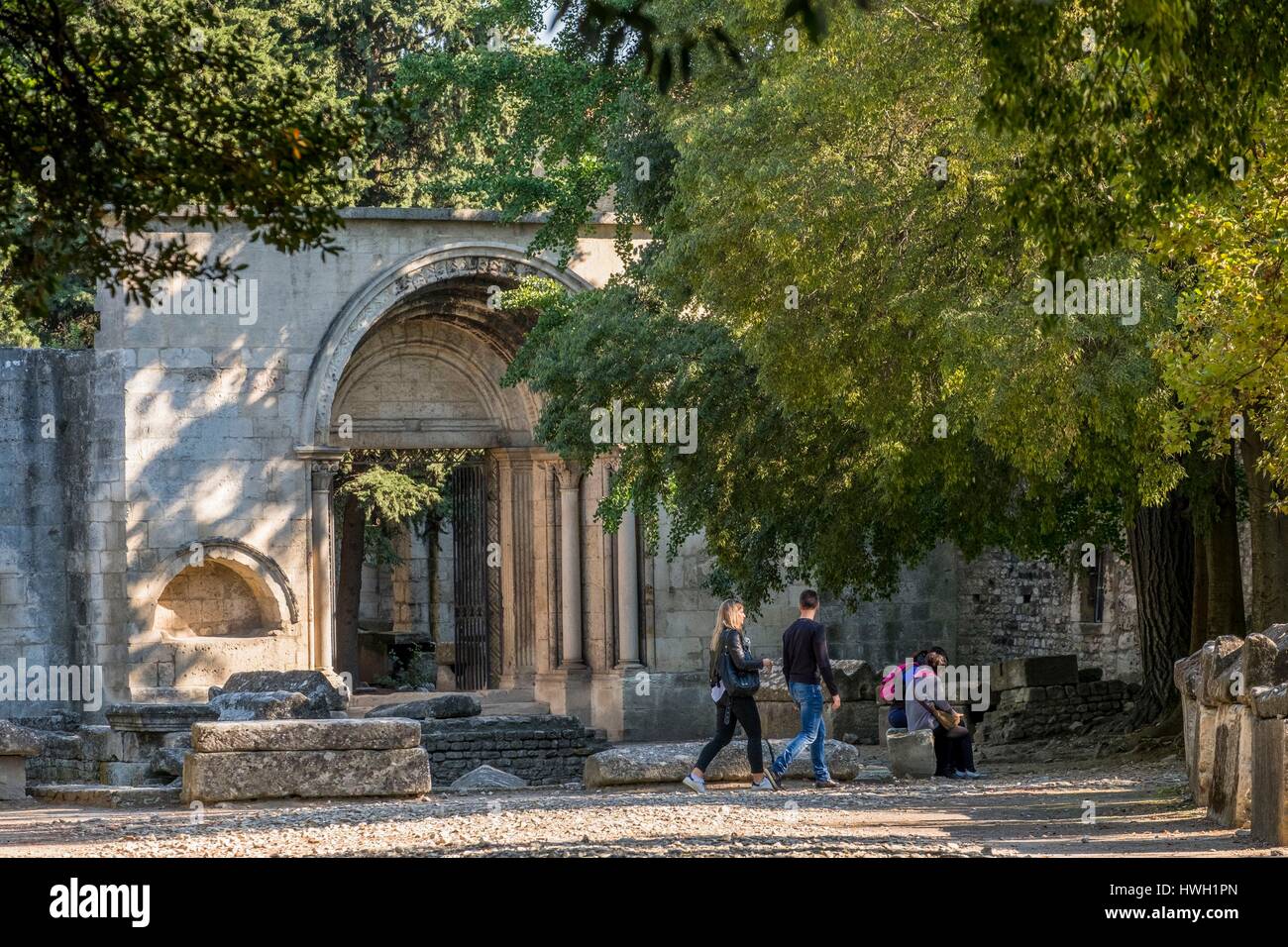 France, Bouches du Rhone, Arles, Les Alyscamps, historic cemetery of ...