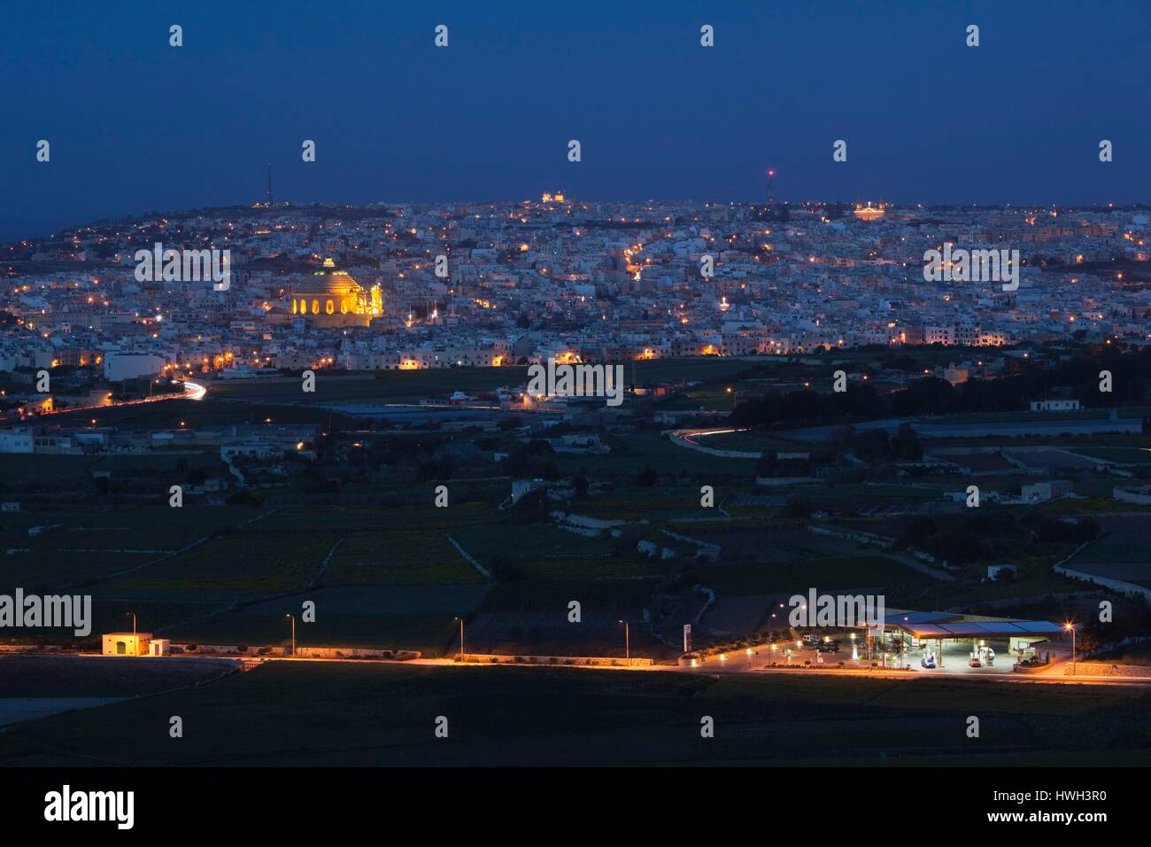 Malta, Central, Mosta, elevated view of the Mosta Dome church, evening ...