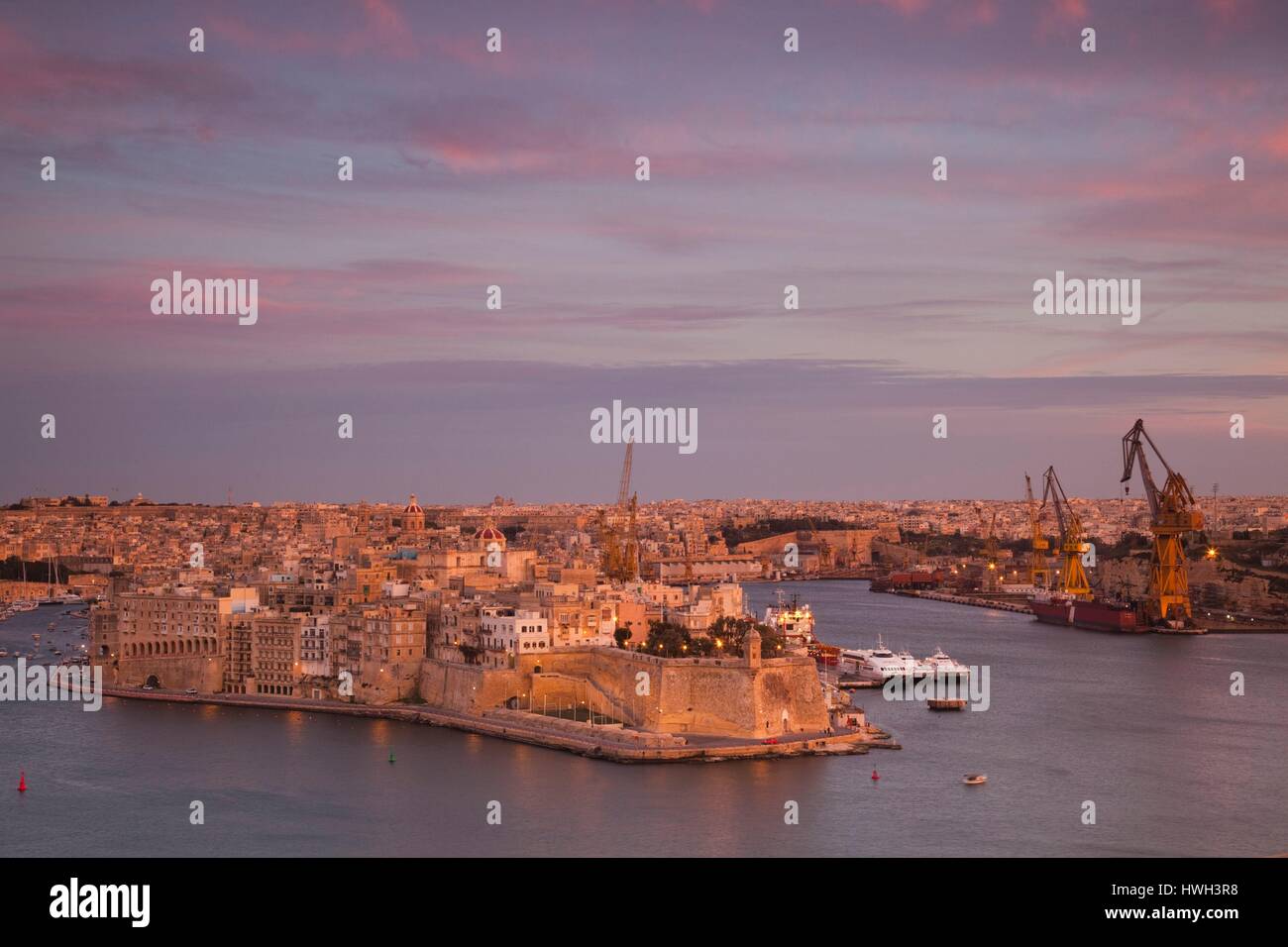 Malta, Valletta, Senglea, L-Isla, elevated view of Senglea Point, dusk ...