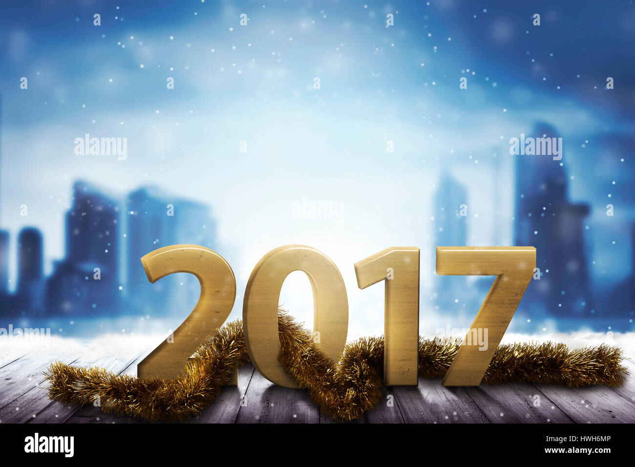 Happy New Year with 2017 standing in wooden floor on snowy city ...