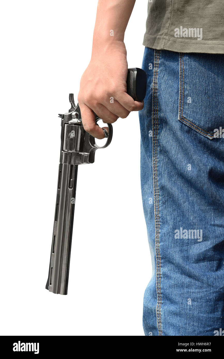 Man holding gun isolated over white background Stock Photo - Alamy