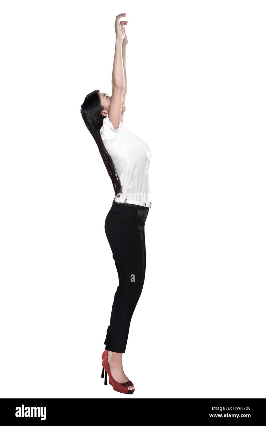 Asian business woman hanging on something isolated over white ...