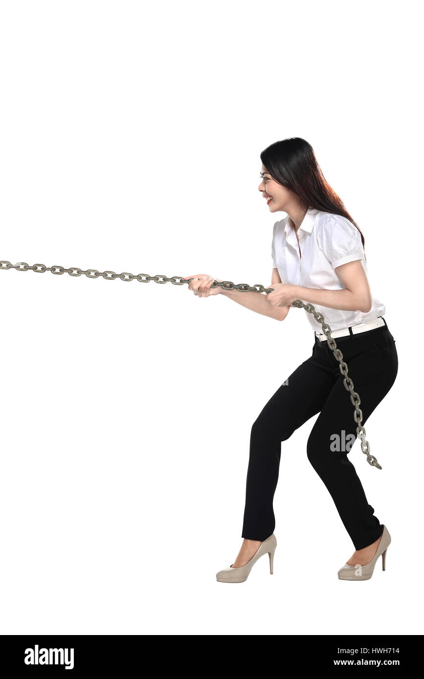 Asian business woman pulling chain isolated over white background Stock ...