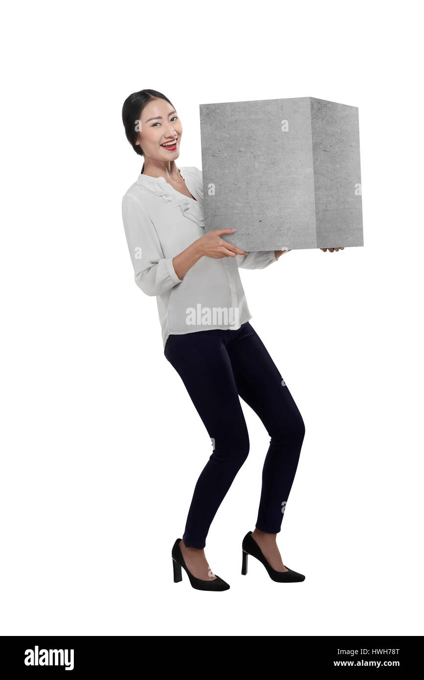 Asian business woman lift heavy box isolated over white background ...