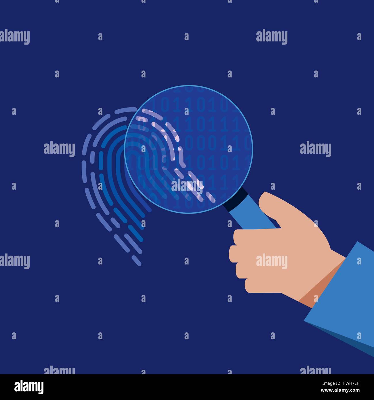 A hand holds a magnifying glass and views a digital fingerprint in binary code. Cyber security ...