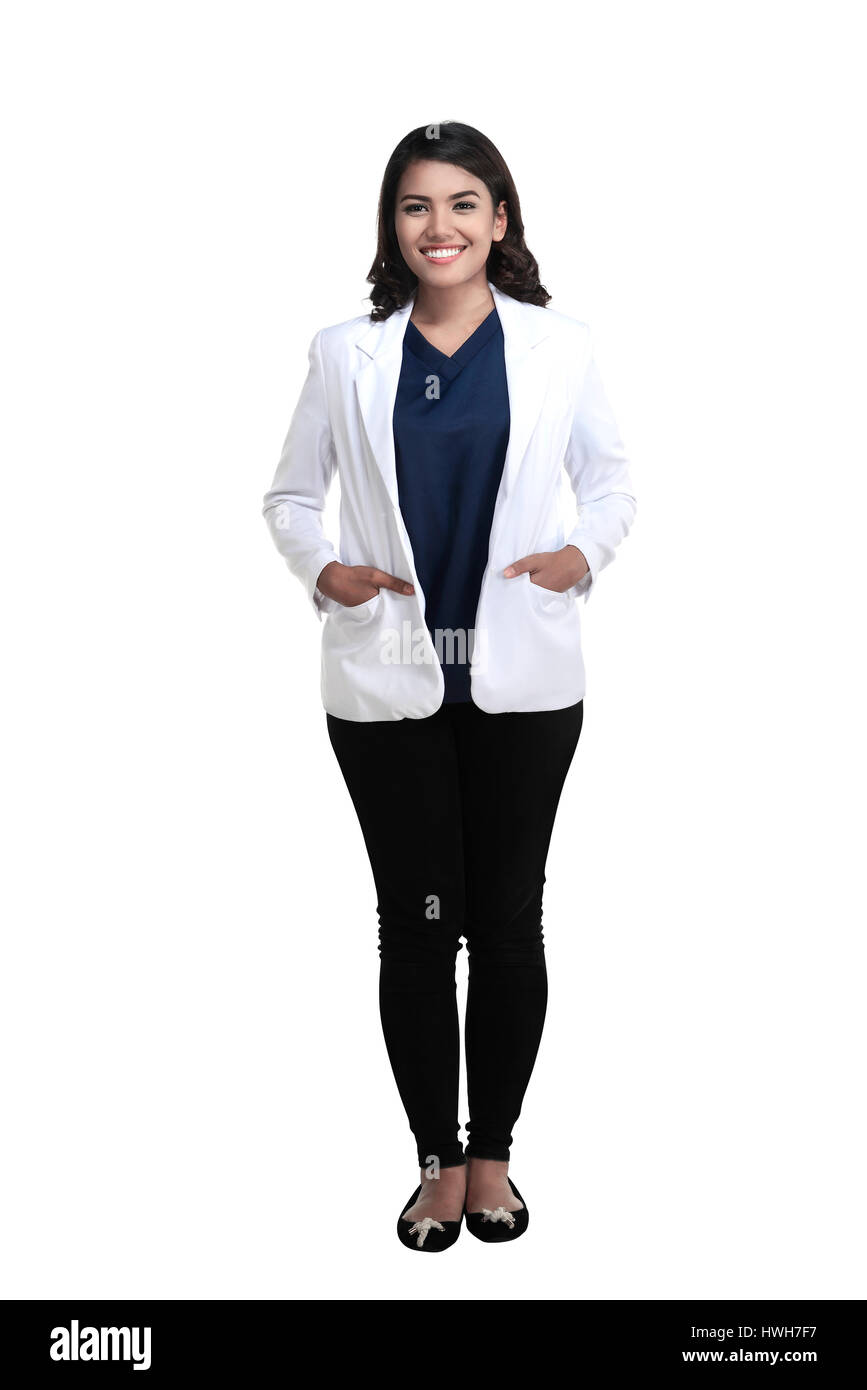 Asian female doctor standing fullbody isolated over white background ...