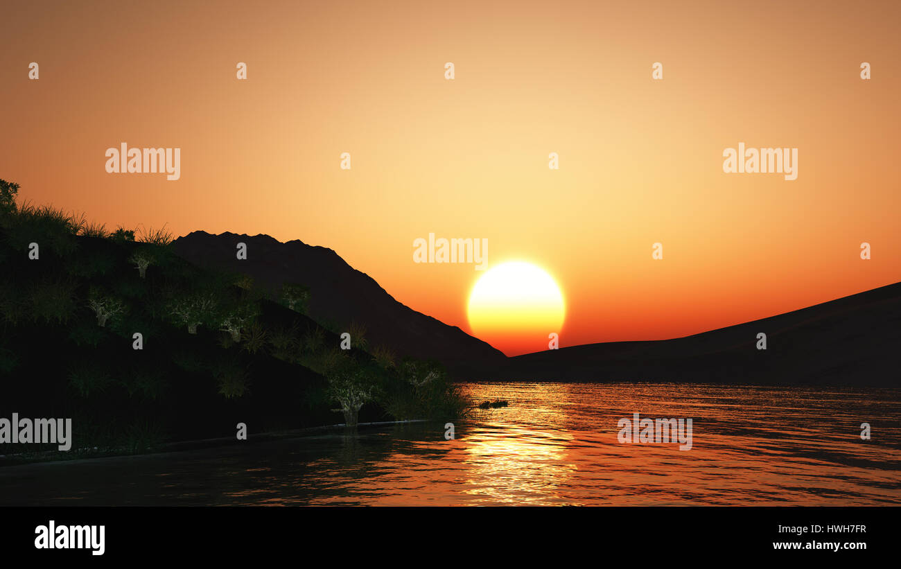 3D render of a sunset landscape with hills and lake Stock Photo - Alamy