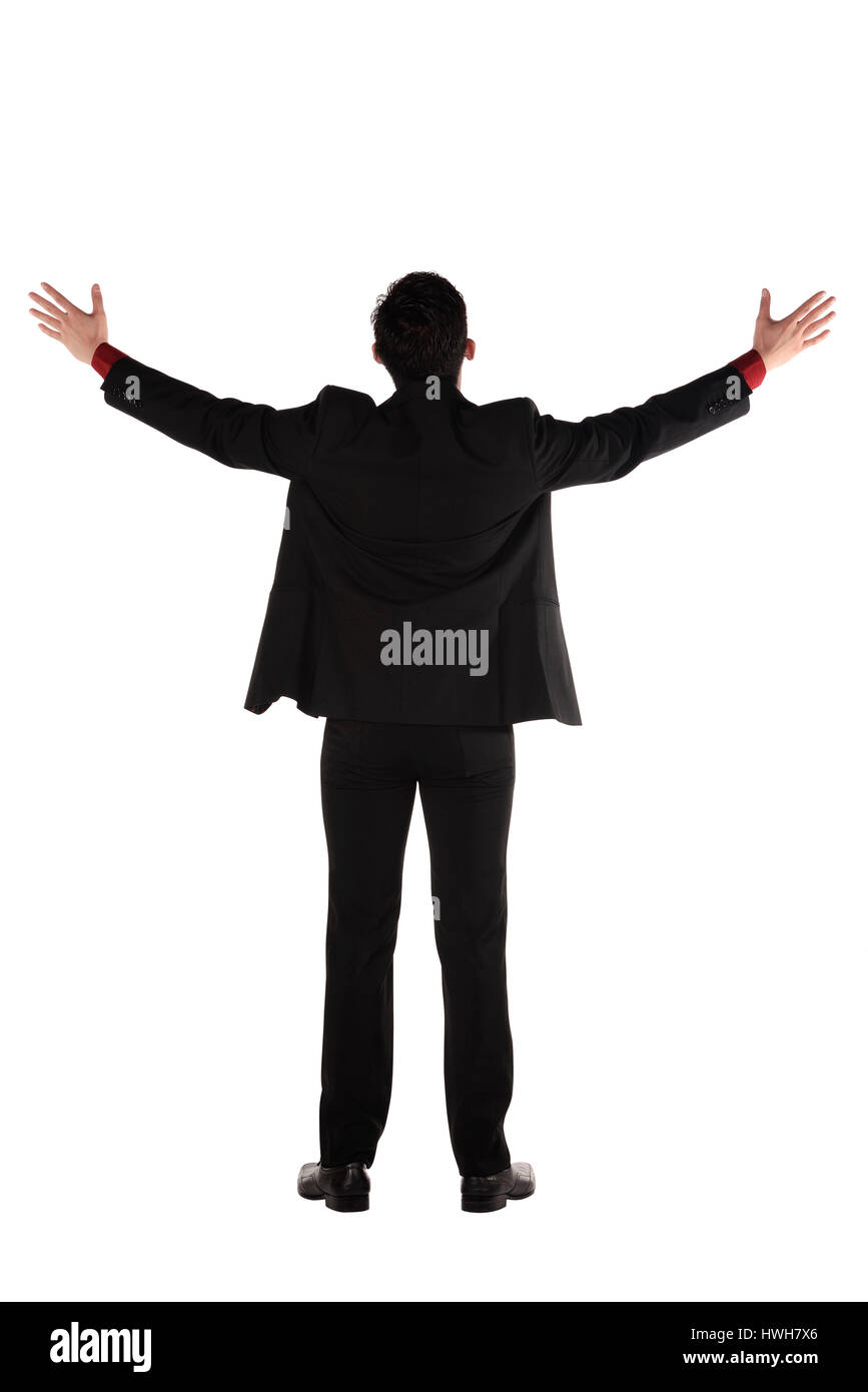 Asian business man standing backview isolated over white background ...
