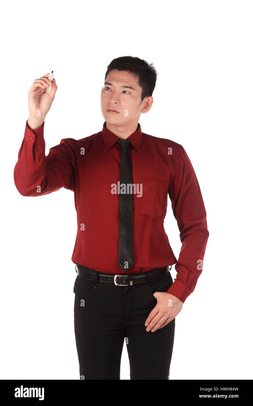 Asian business man writing something isolated over white background ...