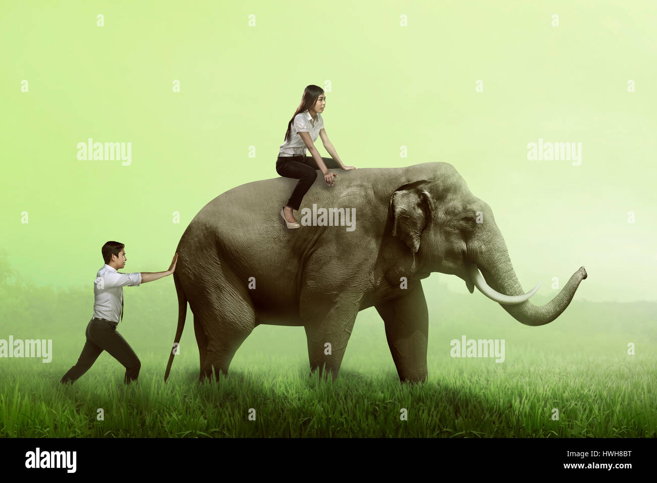 Business man help pushing elephant while his friend sit on it. Business ...