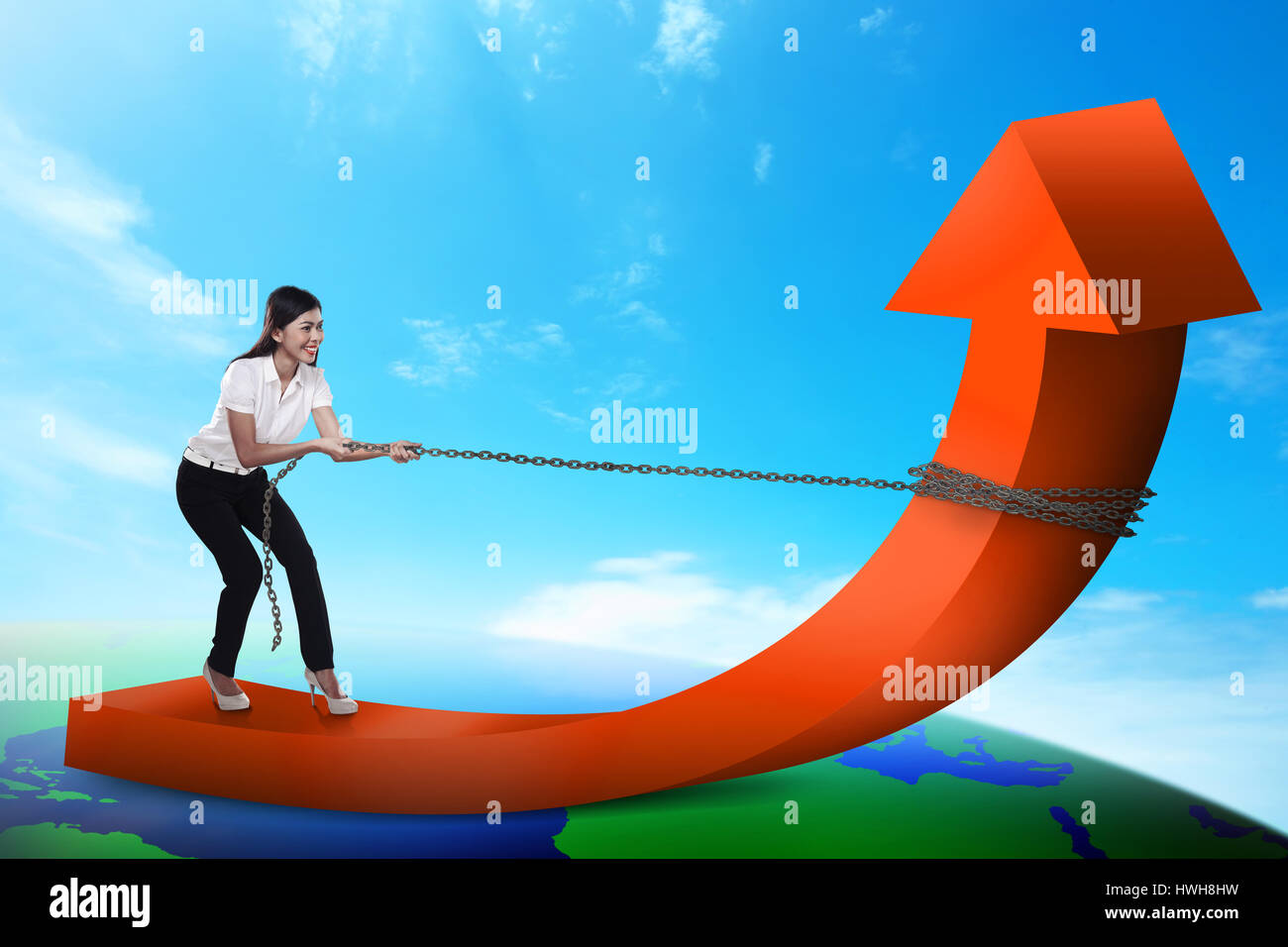 Image of asian business woman pulling red arrow with chain Stock Photo ...