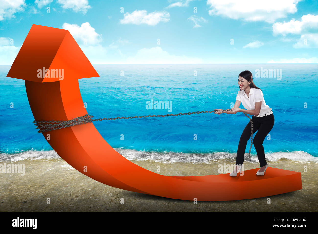 Image of asian business woman pulling red arrow with chain Stock Photo ...