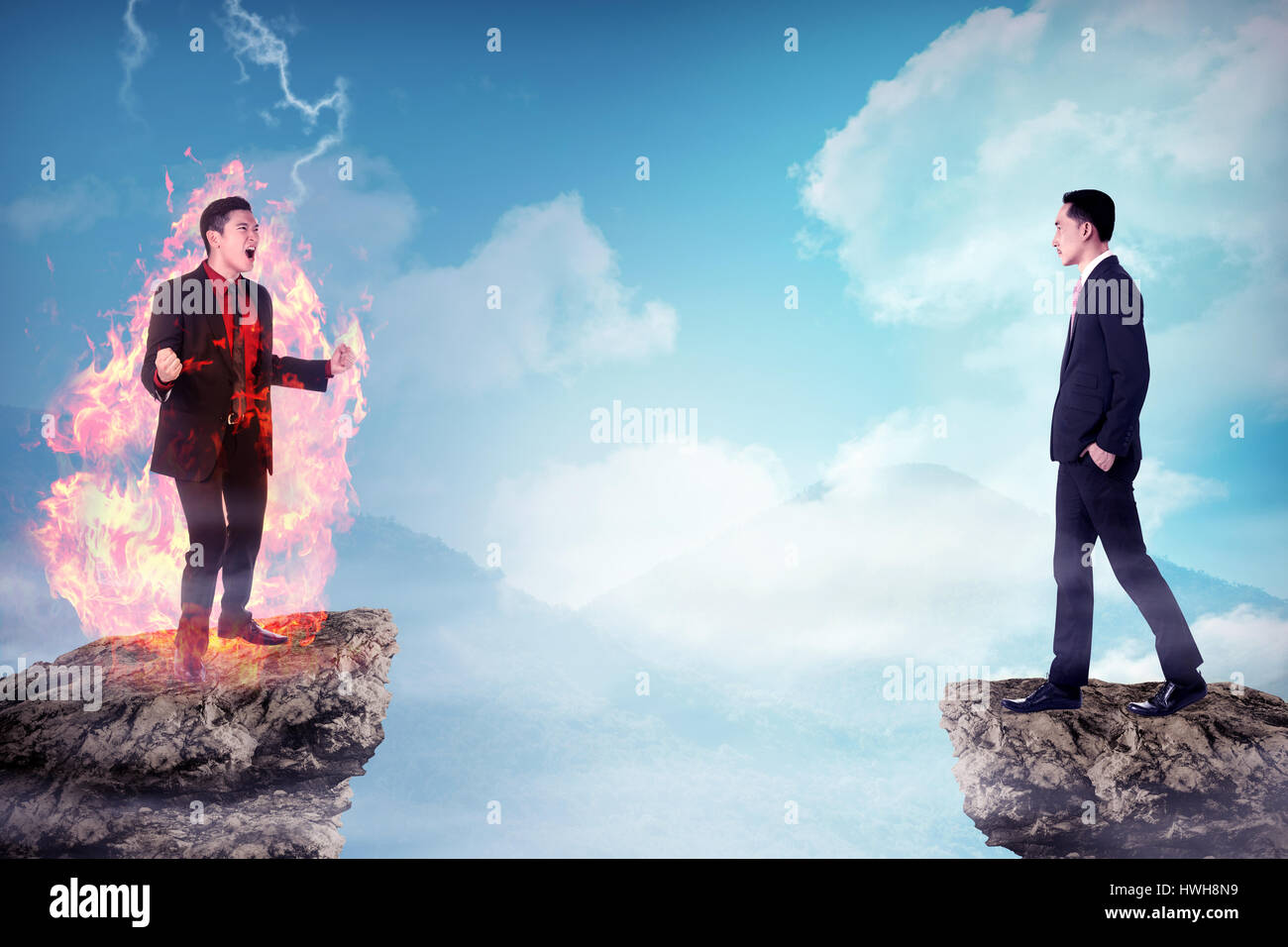 Two business man standing on the top of the mountain. Business ...