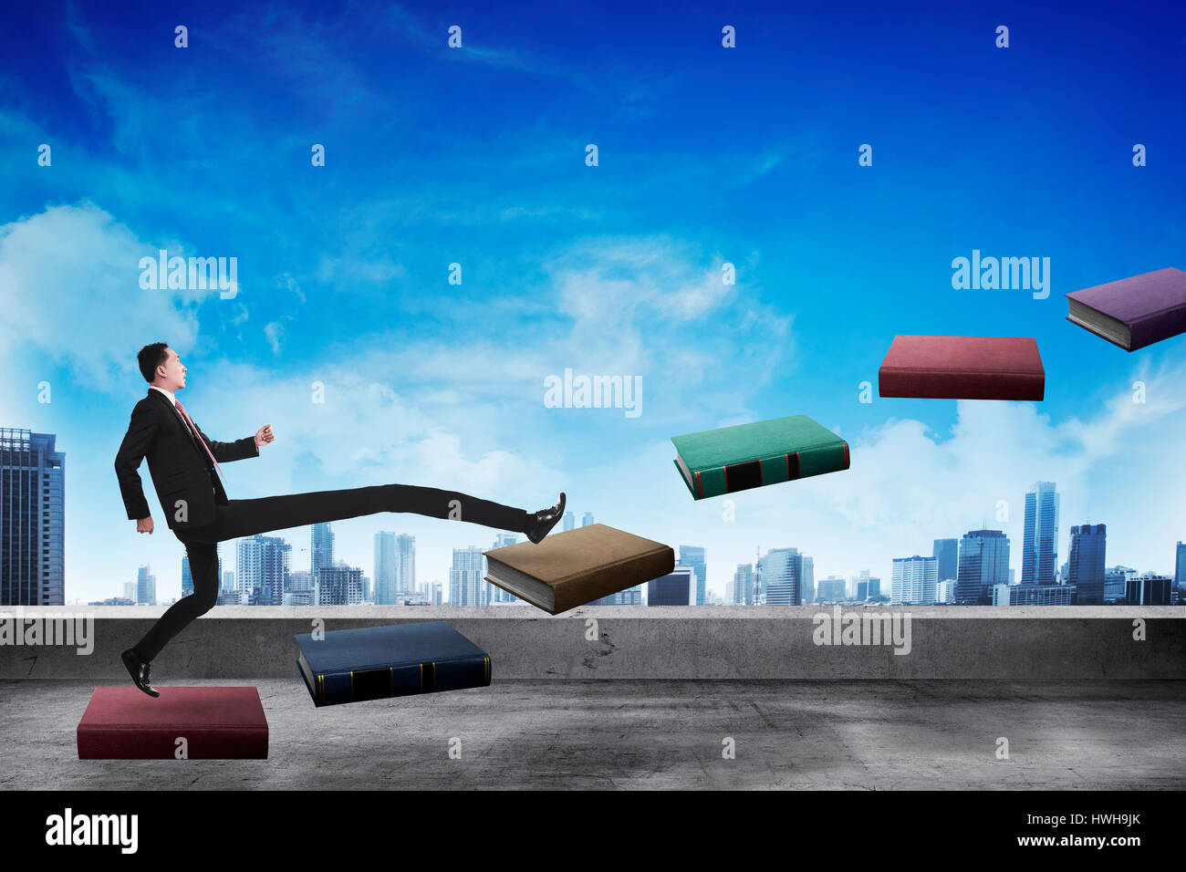 Business person step up flying book that look like stair. Career and ...