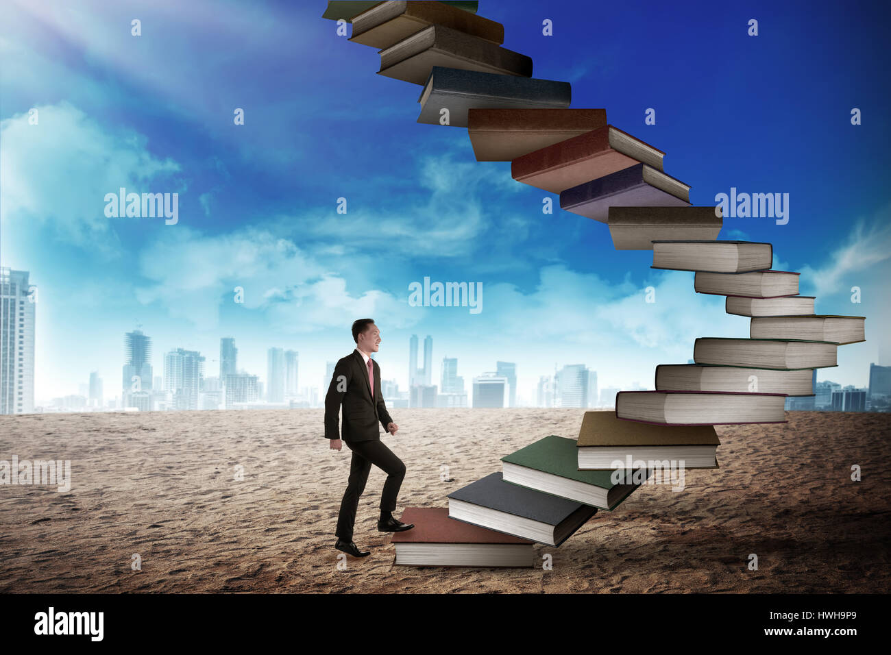 Business person step up flying book that look like stair. Career and ...