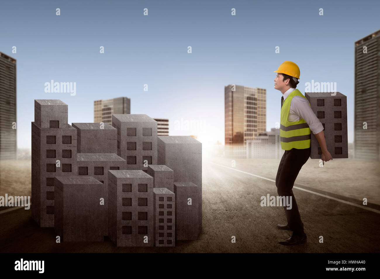 Asian business man building city. Business development concept Stock ...