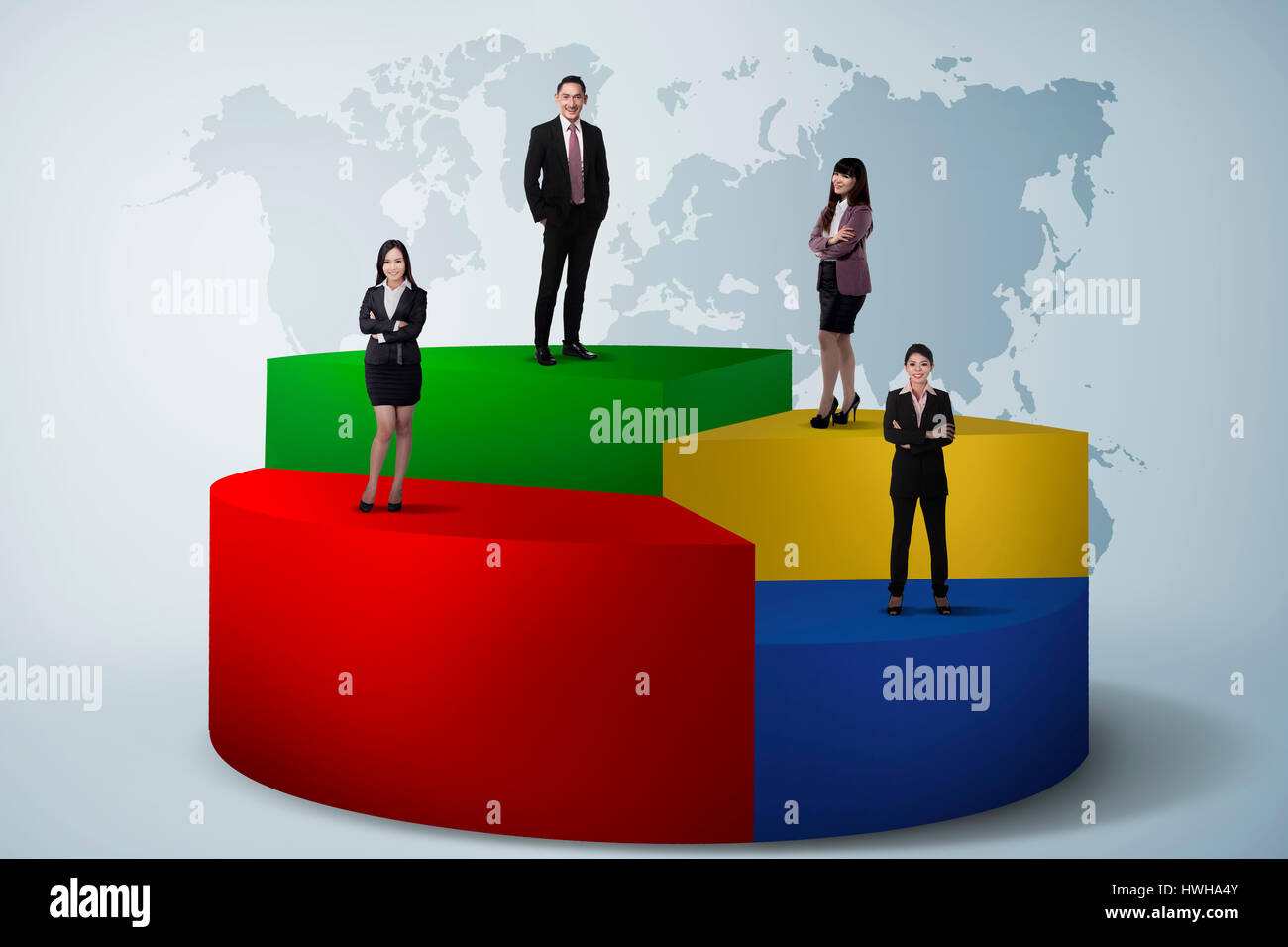 Asian Business Team Standing On Pie Chart Stock Photo - Alamy