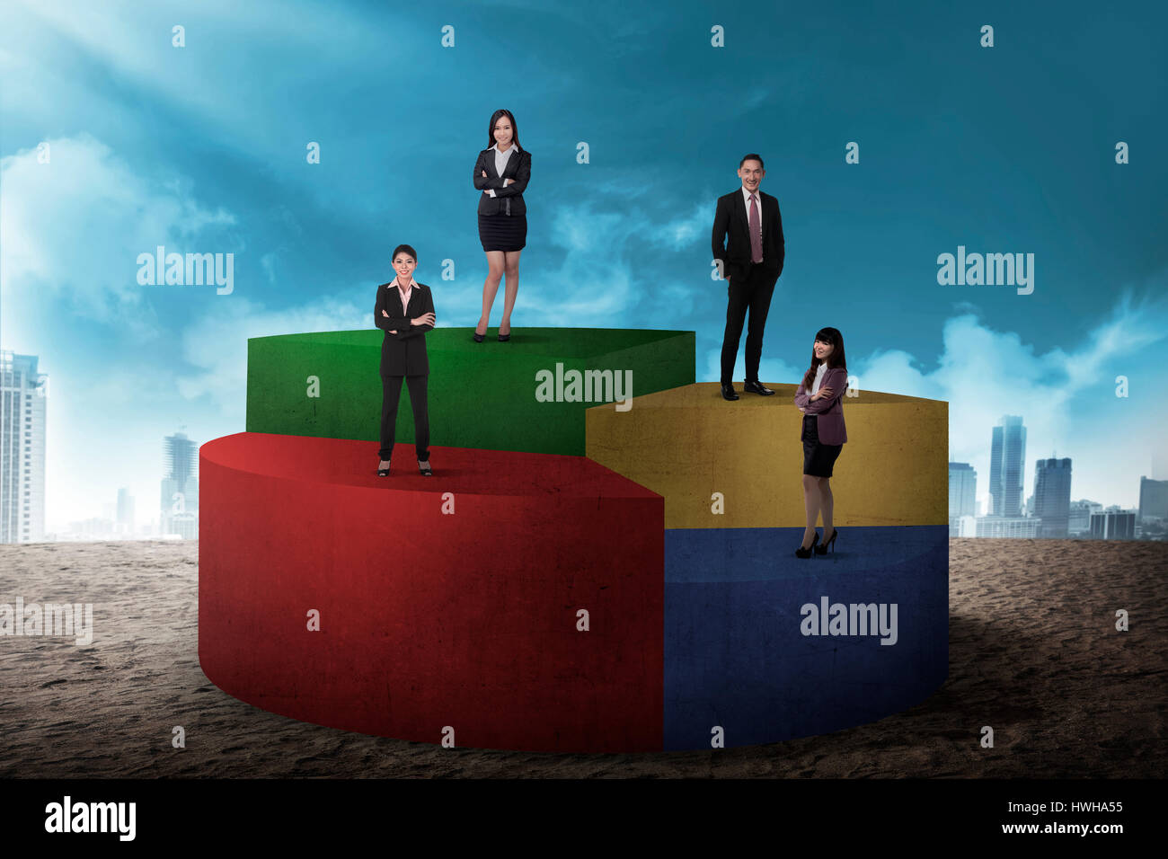 Asian Business Team Standing On Pie Chart Stock Photo - Alamy