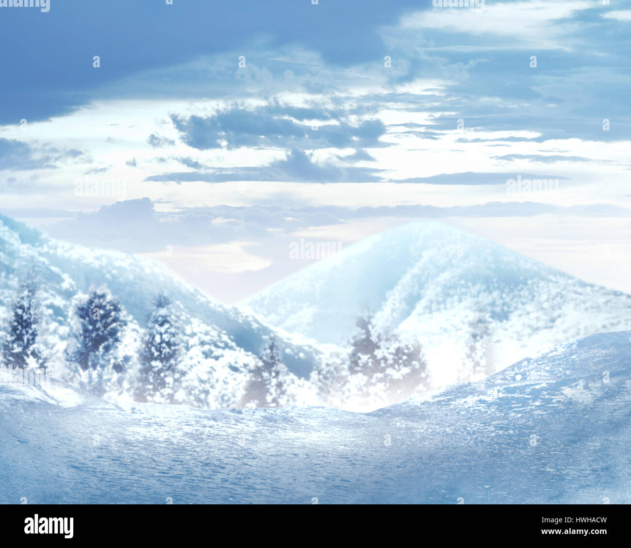 Amazing winter landscape with frozen trees and mountain Stock Photo - Alamy