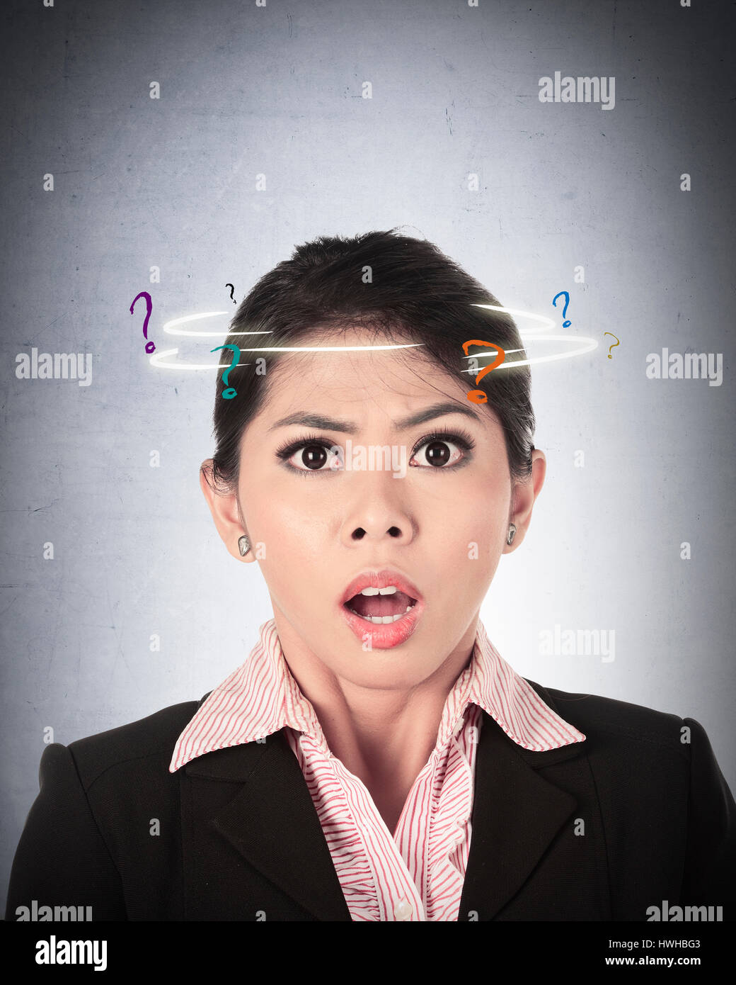 Asian business woman confused with question mark around her head Stock ...