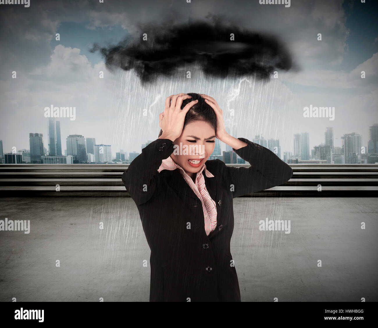 Young asian business woman under rain covering head with hands Stock ...