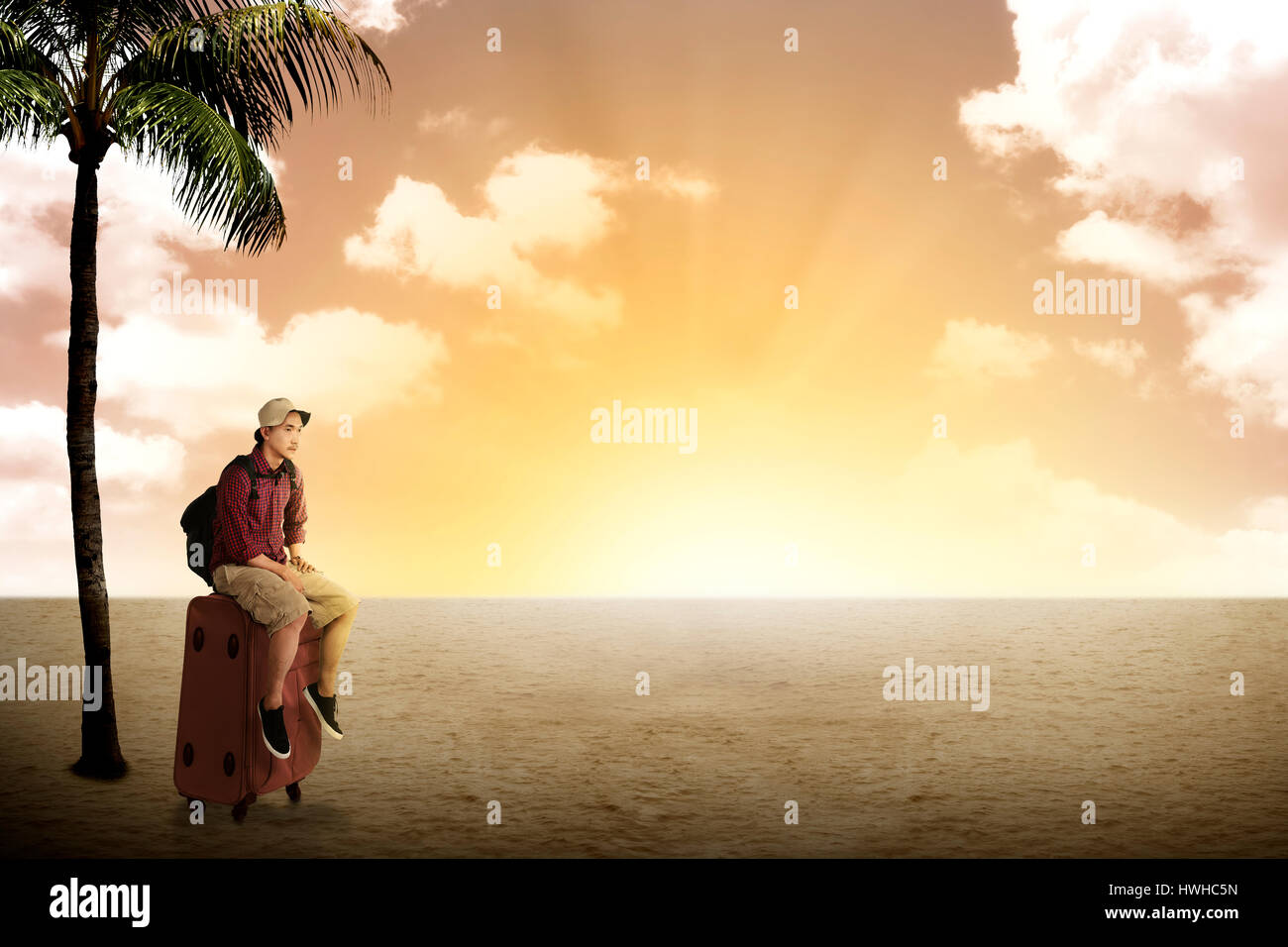 Young traveler waiting under coconut tree on the desert Stock Photo - Alamy