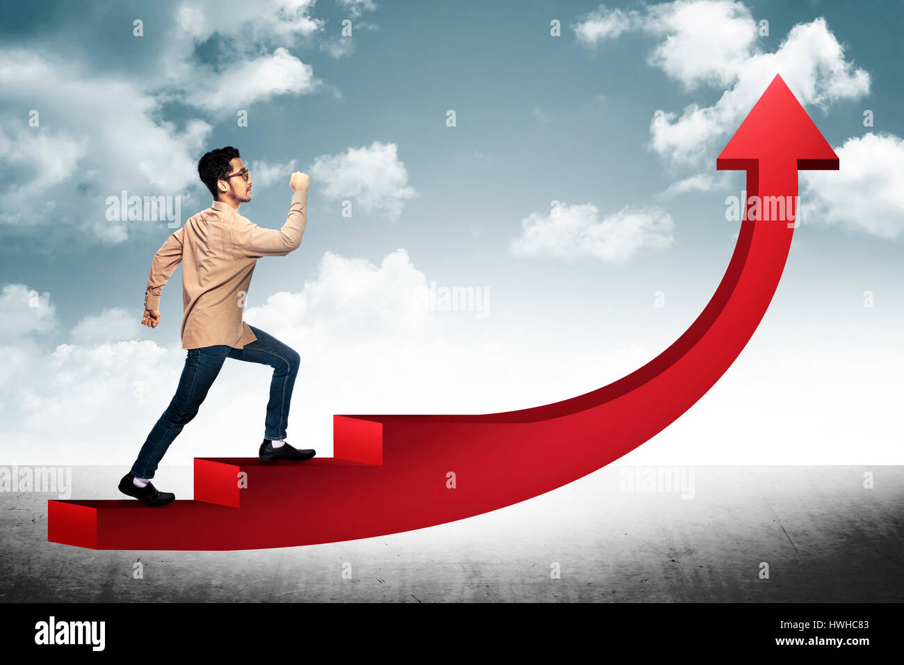 Conceptual Image. Business man step on stair with red arrow shape going ...