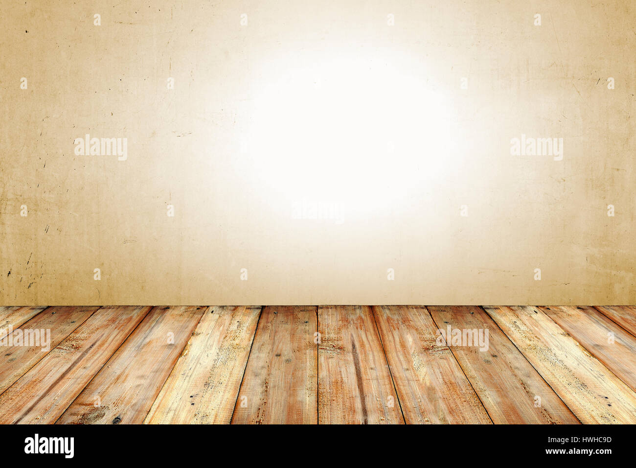 Copyspace background with an empty grunge wall with wooden floor below ...