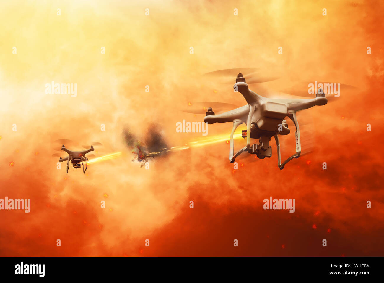 Drones battle over the sunset sky with fog Stock Photo - Alamy