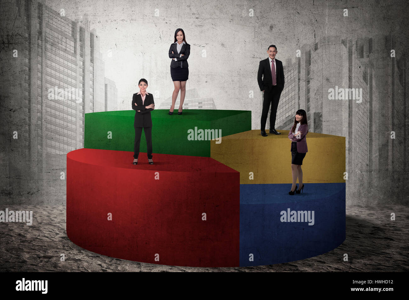 Asian business team standing on pie chart. Business people concept ...